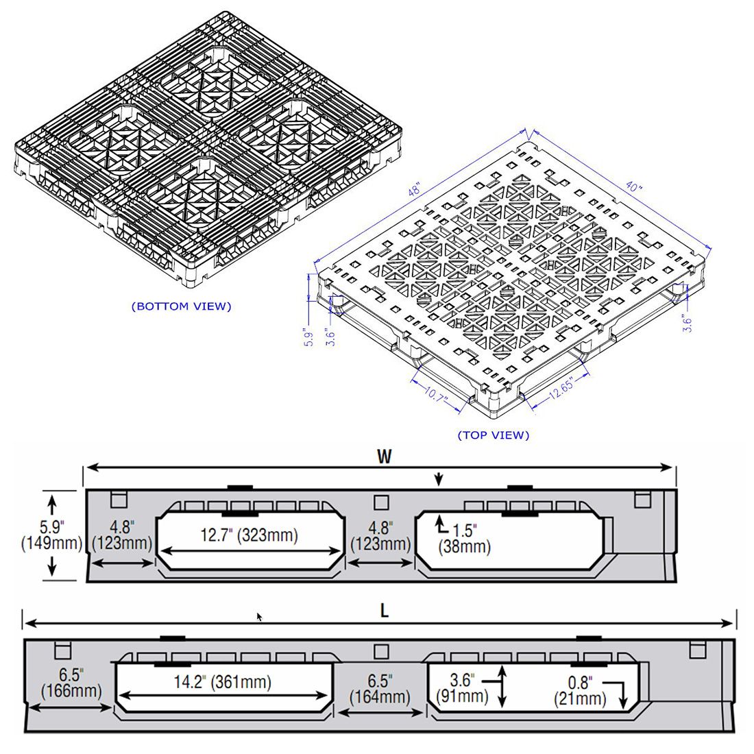 40 x 48 Heavy Duty Rackable Plastic Pallet w/ 3 Fiberglass...