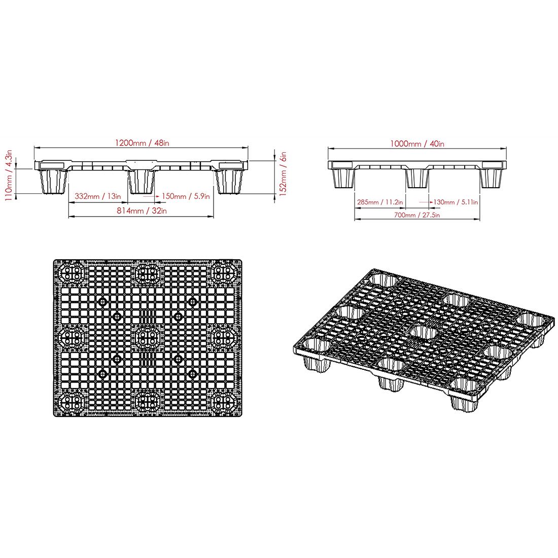 40 x 48 Neptune Nestable Mid-Duty Plastic Pallet with Safety Lip